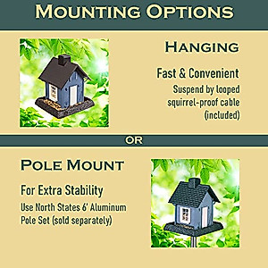 North States Village Collection Blue Cottage Birdfeeder: Easy Fill and Clean. Squirrel Proof Hanging Cable included, or Pole Mount (pole sold separately). Large, 5 pound Seed Capacity (9.5 x 10.25 x 11, Blue)