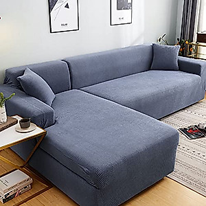 IMYOGI High Stretch Sofa Covers Stretch Sectional Sofa Cover L Shape Sofa Slipcovers Jacquard Fabric Furniture Protector with Elastic Bottom Couch Covers for Living Room -blue-2-4 Seater+4 Seater