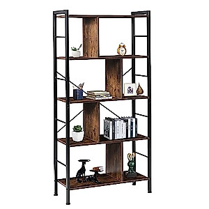 BETTAHOME Tall 5-Tier Bookshelf, 61'' Tall Open Book Shelf, Industrial Wooden Bookcase, Display Storage Organizer for Home Office, Bedroom, Living Room, Rustic Brown and Black