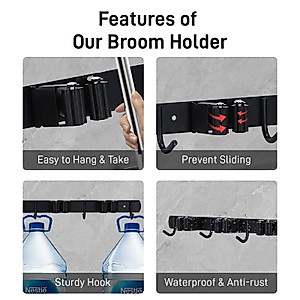 AACGIN Mop and Broom Holder Wall Mount Stainless Steel Broom Hanger Wall Mount 3 Racks with 4 Hooks Broom Holder Wall Mount for Kitchen Garden Laundry Garage - Black