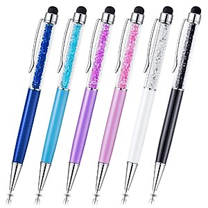 Stylus Pens, Besgoods 6Pcs Crystal 2 in 1 Slim Capacitive Stylus &Ballpoint Pen for Touch Screens, Phones and Tablets, Sky Blue pink Purple Royal Blue Black White