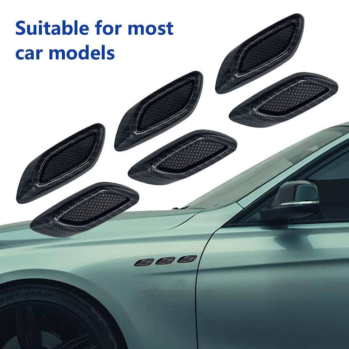 Hawyet Pack-6 Car Side Vent Stickers, ABS Shark Gills Stickers, 4.25" x 1.45" Air Flow Fender Trims, Three-Dimensional Auto Decorations, Universal for Most Cars, Trucks, SUVs (Black)