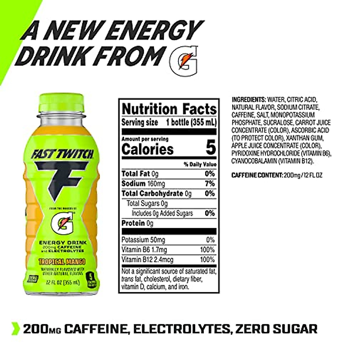 Fast Twitch Energy drink from Gatorade, Tropical Mango, 12oz Bottles, (12 Pack), 200mg Caffeine, Zero Sugar, Electrolytes