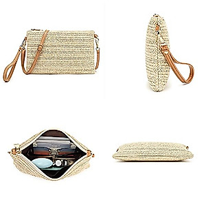 Straw Clutch Purse for Women, Summer Beach Straw Purse Cute Zipper Wristlet Wallets, Small Straw Handbag for Vacation (Light Brown)