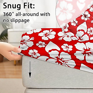 Pinbeam 4 Pcs Fitted Sheet Set Queen Size with Deep Pocket, Hibiscus Hawaiian Red Bedding Set with Pillowcase for Kids and Adults, Flower Hawaii Floral Flat Bed Sheet Set