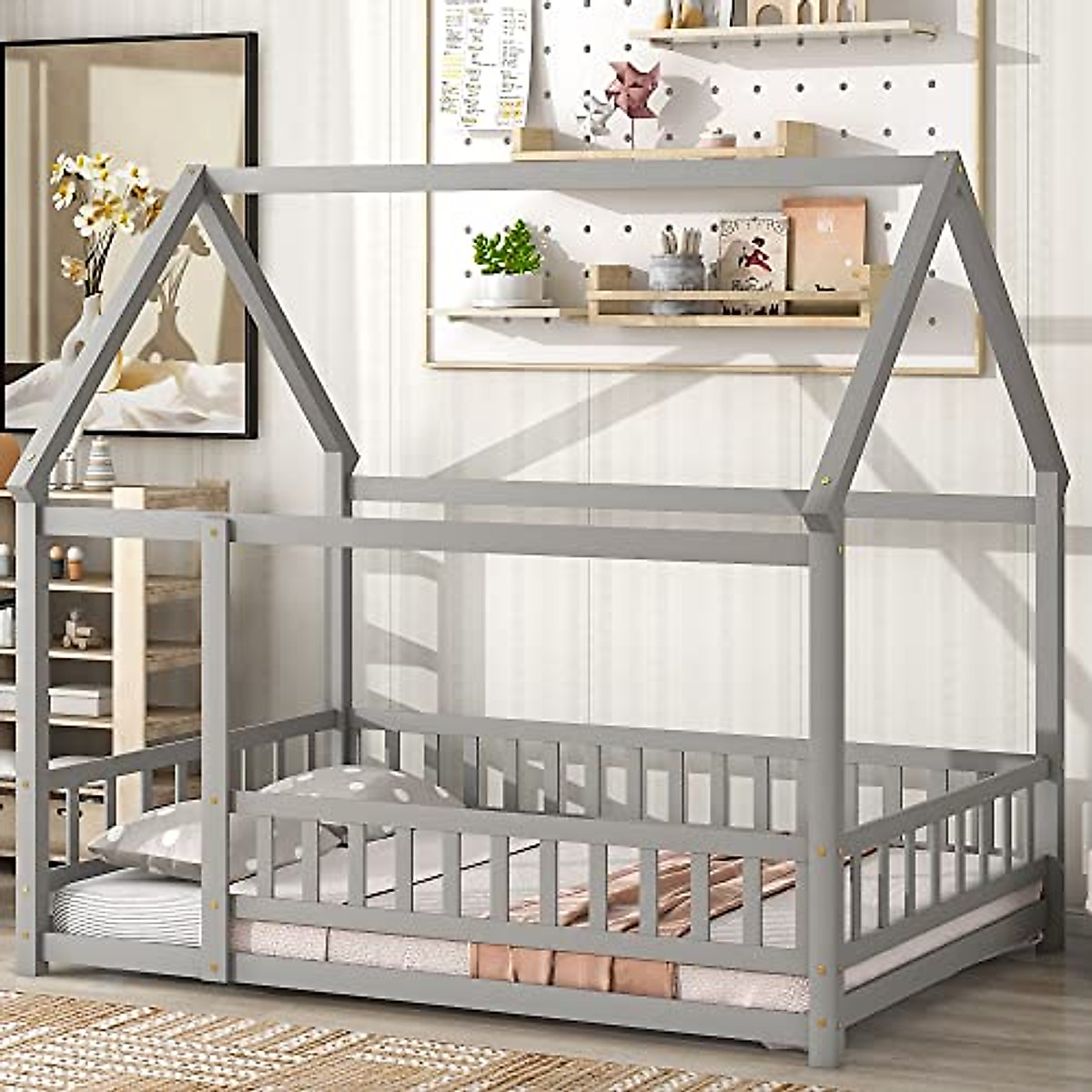 ZJIAH Full Size Floor Bed for Kids, Montessori Bed Frame Full Size with Fences, Wood Full Floor House Beds with Safety Guardrails for Teens Girls and Boys, No Box Spring Needed