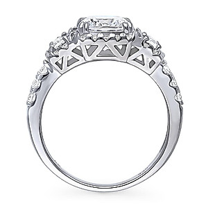 BERRICLE Sterling Silver 3-Stone Wedding Engagement Rings Cushion Cut Cubic Zirconia CZ Halo Ring for Women, Rhodium Plated Size 8