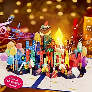 BlueDex Birthday Card, 3D Lights and Music Pop Up Birthday Card, with Blowable LED Candle and Colorful Breathing Lights, Birthday Cards for Women Men Husband Wife Kids Mom Dad