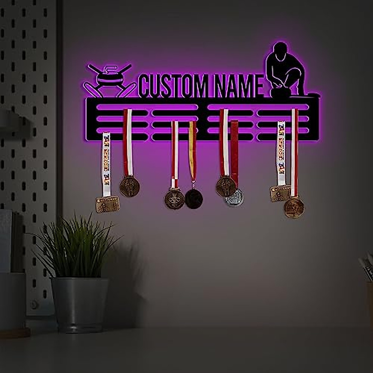 Custom Metal Yard Sign Light, Custom Curling Medal Hanger with Led Light, Medal Holder Display Rack for Awards and Ribbons, Tiered Award Rack, Curling Medal Rack Gift