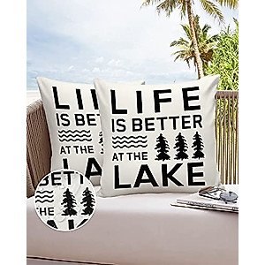 Outdoor Waterproof Pillow Covers for Patio Furniture Life is Better at The Lake Decorative Throw Pillow Cover Plants Living Quote Pillowcases Set of 2 Cushion Case for Sofa Couch Chair 18 x 18 in