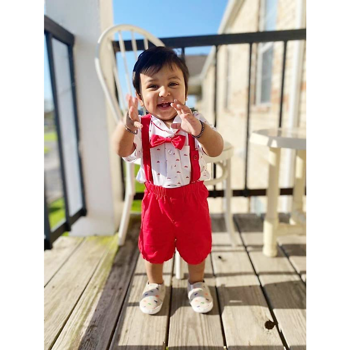 BIG ELEPHANT Baby Boys Bowtie Shirt Suspender Shorts Set, Gentleman Formal Outfits Suit