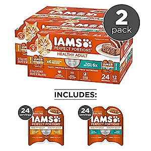 IAMS PERFECT PORTIONS Healthy Adult Grain Free* Wet Cat Food Pate Variety Pack, Chicken Recipe and Tuna Recipe, (12) 2.6 oz. Easy Peel Twin-Pack Trays