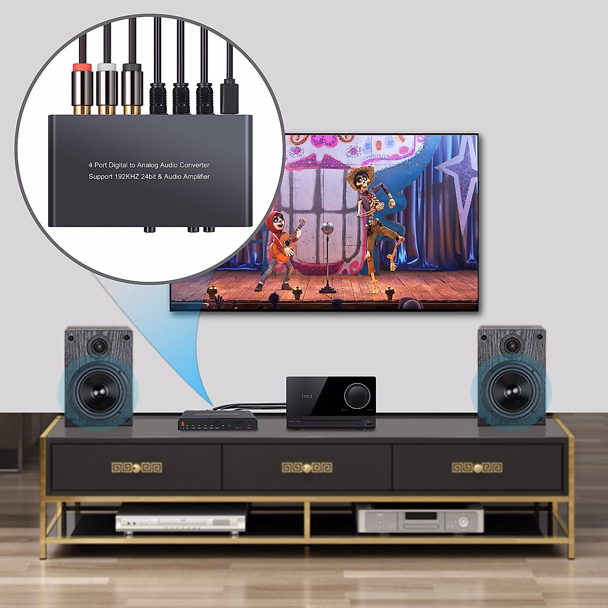 LiNKFOR DAC Converter 192kHz Digital to Analog Audio Converter 3 Optical SPDIF Toslink + 1 Coaxial Switch to Analog Stereo L/R RCA 3.5mm Audio Adapter Support Volume Control/Mute/Power ON or OFF by