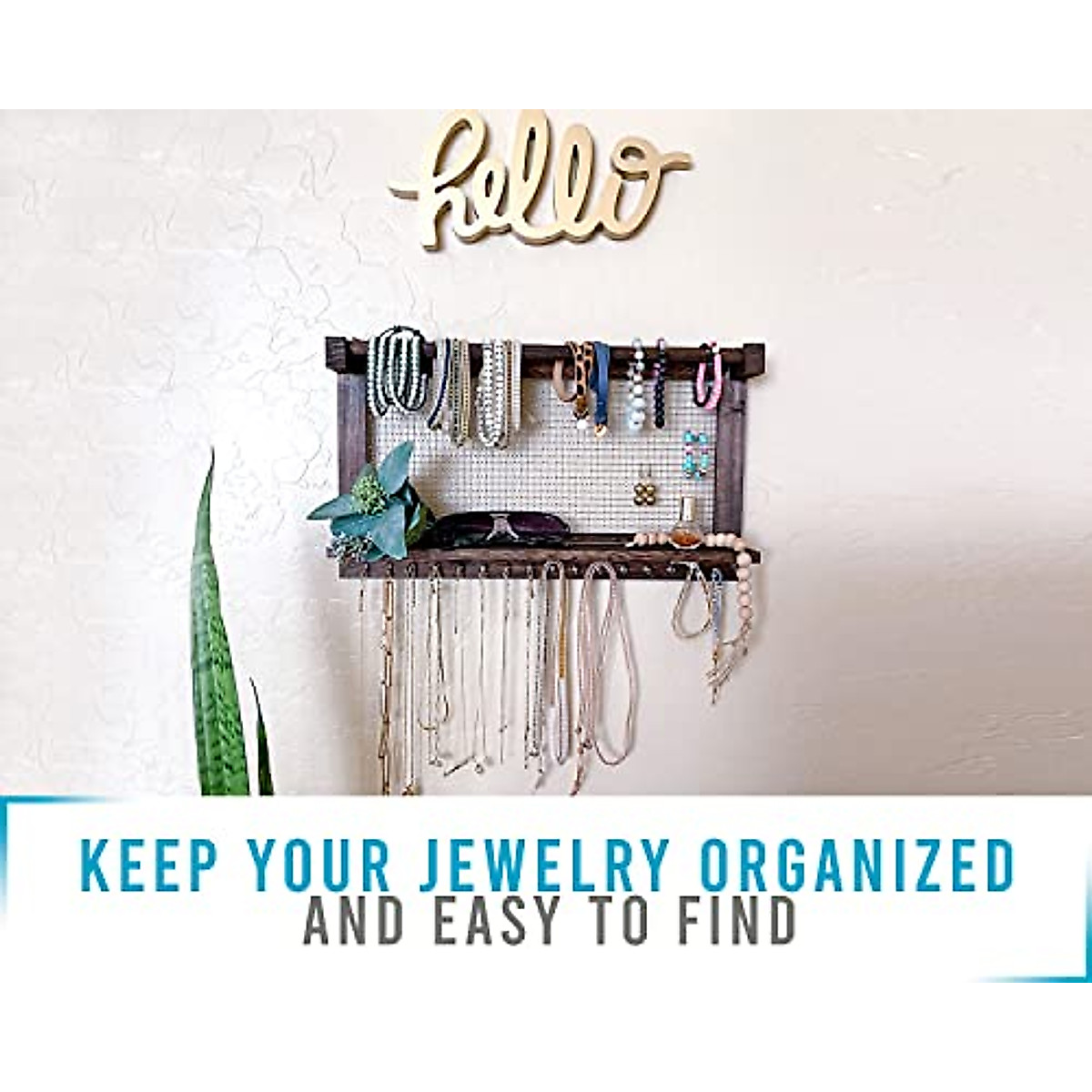 Rustic Jewelry Organizer – Wall Mounted Jewelry Holder with Removable Bracelet Rod, Shelf and 16 Hooks – Perfect Earrings, Necklaces and Bracelets Holder – Vintage Jewelry Display – Torched Brown