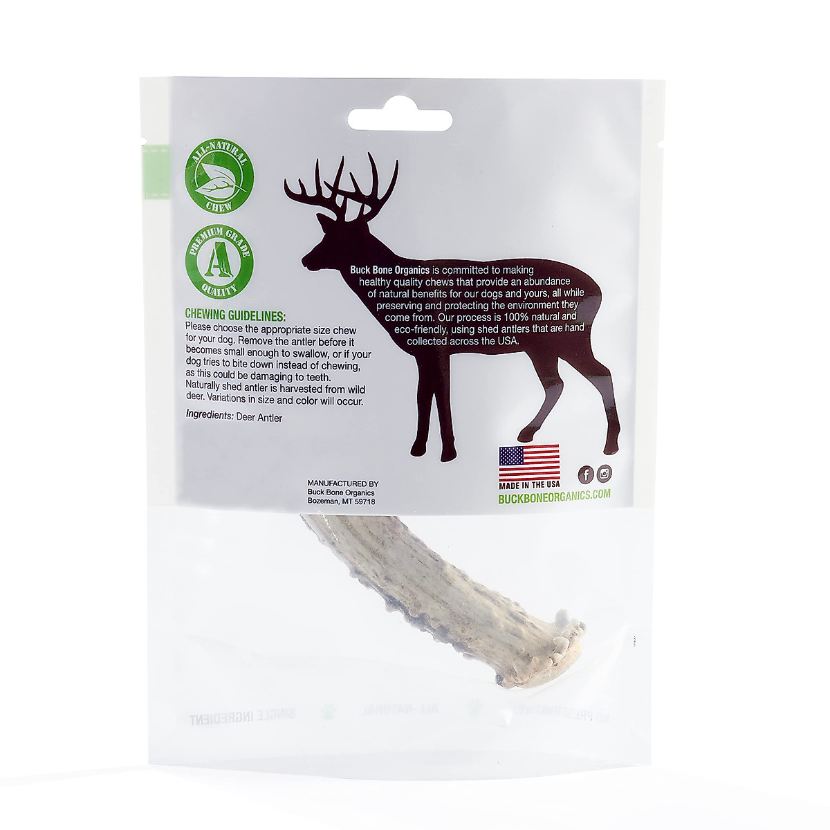Buck Bone Organics Deer Antler Dog Bones, Premium Grade A - Natural Dog Treat, Made in Montana (Medium)