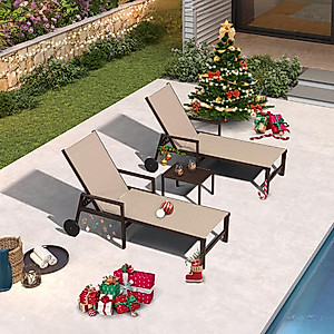 PURPLE LEAF Pool Lounge Chairs Set of 3 Aluminum Outdoor Lounge Chairs with Wheels and Armrests Adjustable Patio Lounge Chairs for Deck Outside Lawn Garden, Cream