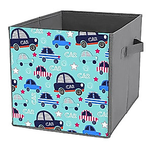 DamTma Cute Police Car Collapsible Storage Cubes Funny Traffic Car 10.6 Inch Fabric Storage Bins Storage Cubes with Handles Basket Storage Organizer for Clothes Pet Toys