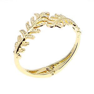 Sparkly Rhinestone Leaf Hinge Bangle Bridal Wedding Statement Bracelet Crystal Adjustable Cuff Bracelets Gold Platinum Tone Women Lover Gifts