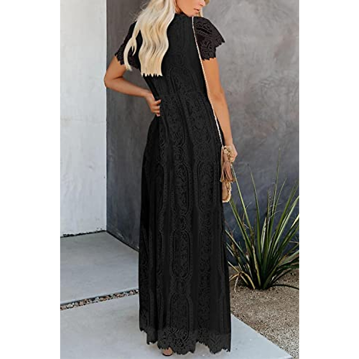 PRETTYGARDEN Women's Floral Lace Maxi Dress 2023 Short Sleeve V Neck Bridesmaid Wedding Evening Party Dresses(Black,X-Large)