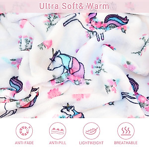 Viviland Wearable Fleece Blanket For Kids with Sleeves & Foot Pocket for kids Snuggie Lightweight Soft Blanket for Girls Hook & Loop 47" x 47" Inches (White Unicorn)