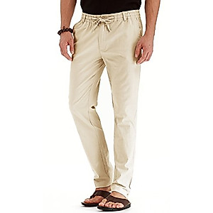 BINGHUODAO Mens Casual Linen Pants Loose Fit Elastic Drawstring Waist Summer Yoga Beach Trousers(Beige,38)