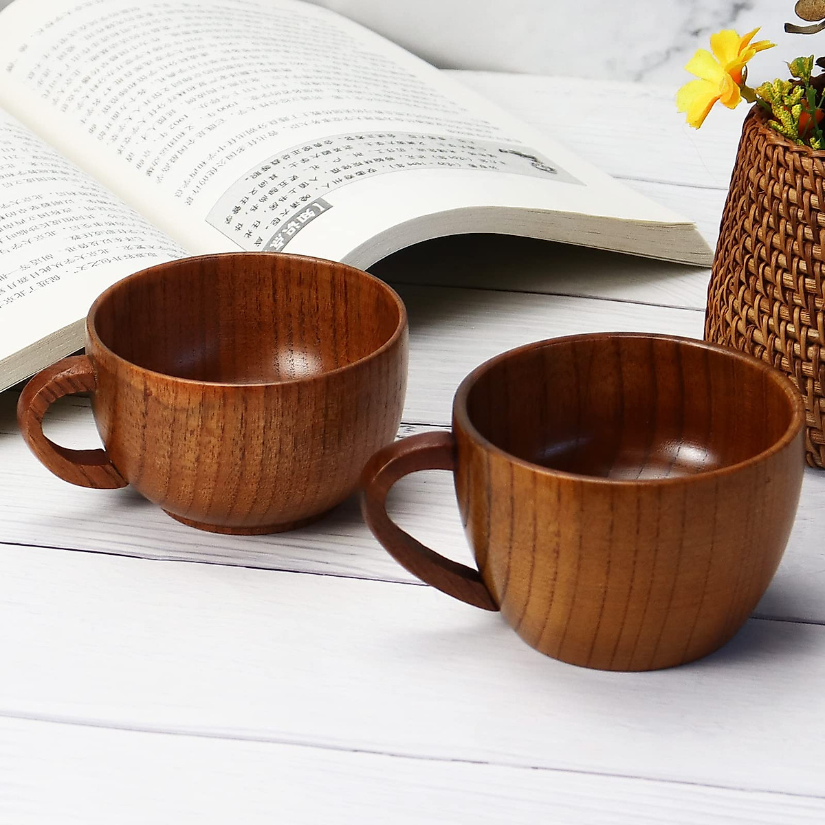 Buqoo Wooden Tea Cups, Coffee Mug Tea Cup Wood Drinking Cup Wine Mug Vintage Teacup Wooden Mug with Handle for Tea Milk Beer Water Juice (200 ML)