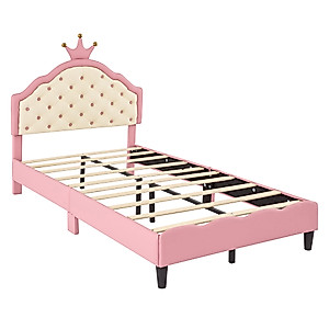 SOFTSEA Twin Upholstered Bed with Crown Headboard, Girls Princess Bed with Button Tufted Headboard, PU Leather Princess Platform Bed for Kids Girls, Easy Assembly, Pink + Whitea