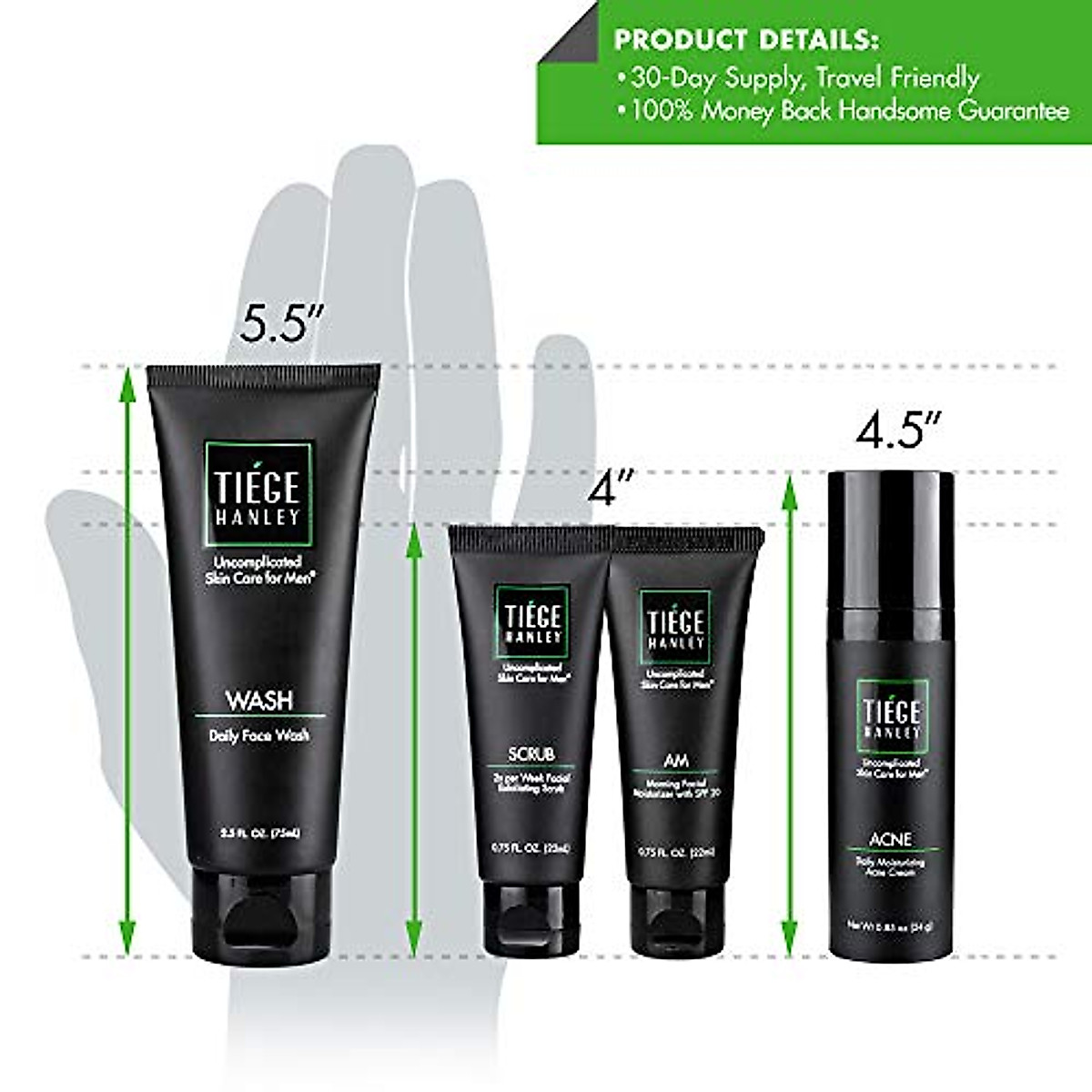 Tiege Hanley Men's Acne System - Level 1 | Acne Treatment Products for Men | Routine Set Contains: Face Wash, Moisturizer, Face Scrub & Salicylic Acid Acne Cream | Uncomplicated Skin Care for Men