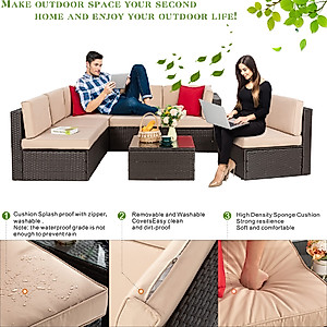 Vongrasig 7 Pieces Outdoor Patio Furniture Sets, Outdoor Sectional Rattan Sofa, PE Manual Weaving Wicker Patio Conversation Set with Cushion, Glass Table, Red Pillow (Beige)