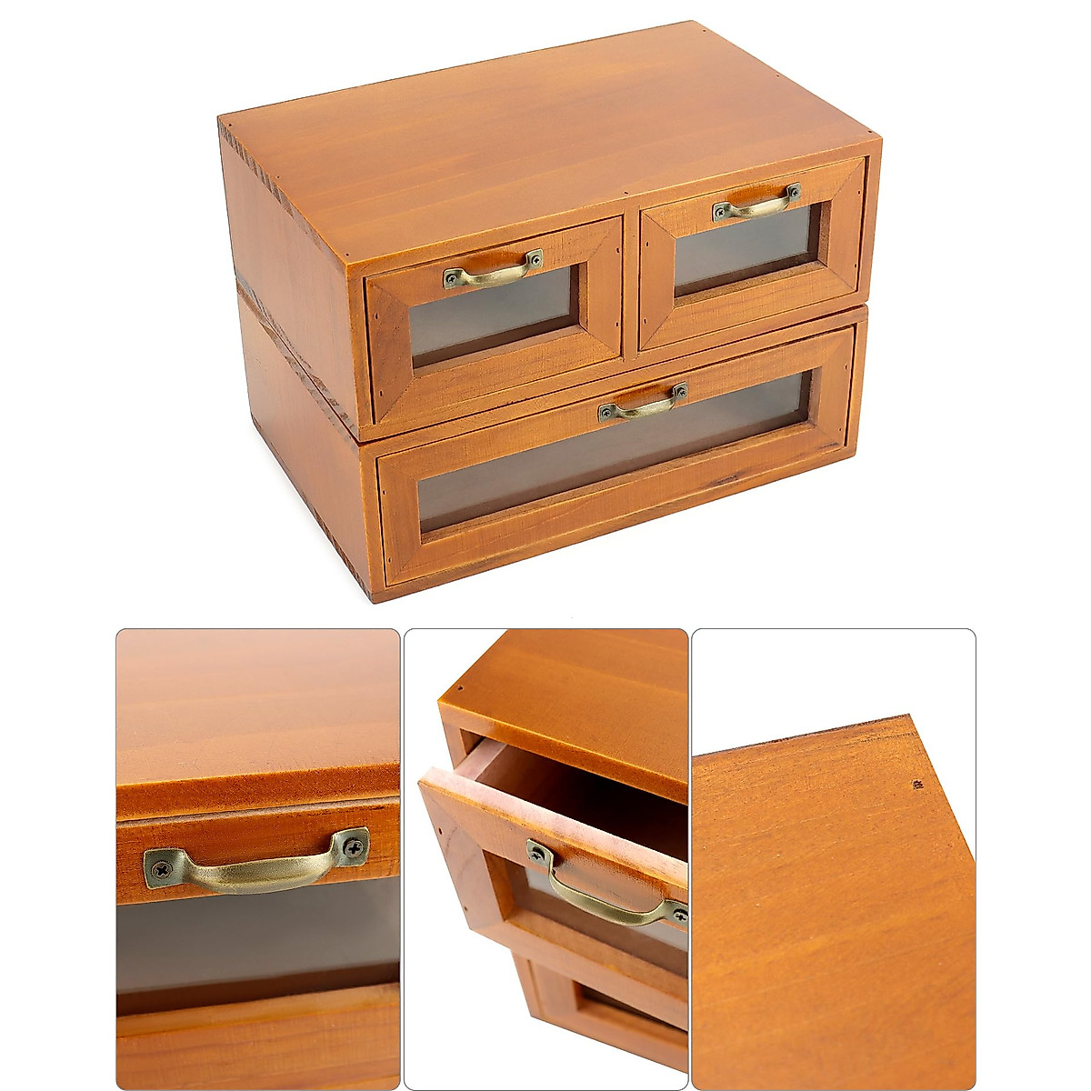 QWORK Wooden Box Organizer, Wood Desktop Storage Cabinet with 3 Drawers, Dark Brown