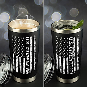 JENVIO New US Citizen Gifts 2024 | 20oz Steel Travel Tumbler for Coffee or Cold Drinks 2 Lids 2 Straws and Gift Box and Card | American Flag Citizenship Congratulations Mug Valentine's
