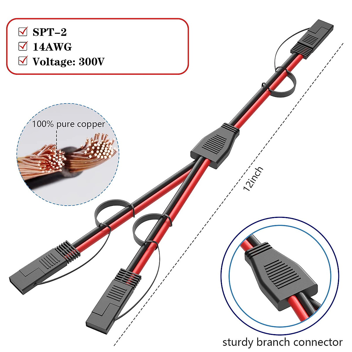 14AWG SAE Y Splitter Cable SAE Quick Disconnect Connector, DC Power Automotive Adapter 1 to 2 SAE to SAE Extension Cable for Solar Panel Battery Charger, 12 inch with Waterproof Caps