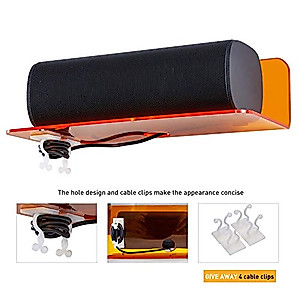 OAPRIRE Small Acrylic Floating Wall Shelves Set of 2, Flexible Use of Wall Space, 9 Inch Adhesive Display Shelf for Security Cameras/Smart Speaker/Action Figures, with Cable Clips - Clear Orange