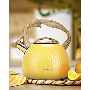 Tea Kettle, Stovetop Teapot, 2.5 Quart, Loud Whistle, Food Grade Stainless Steel and Smooth Wood Pattern Handle, Sophisticated Look for Hiking, Picnic, for Tea, Coffee, (Yellow)