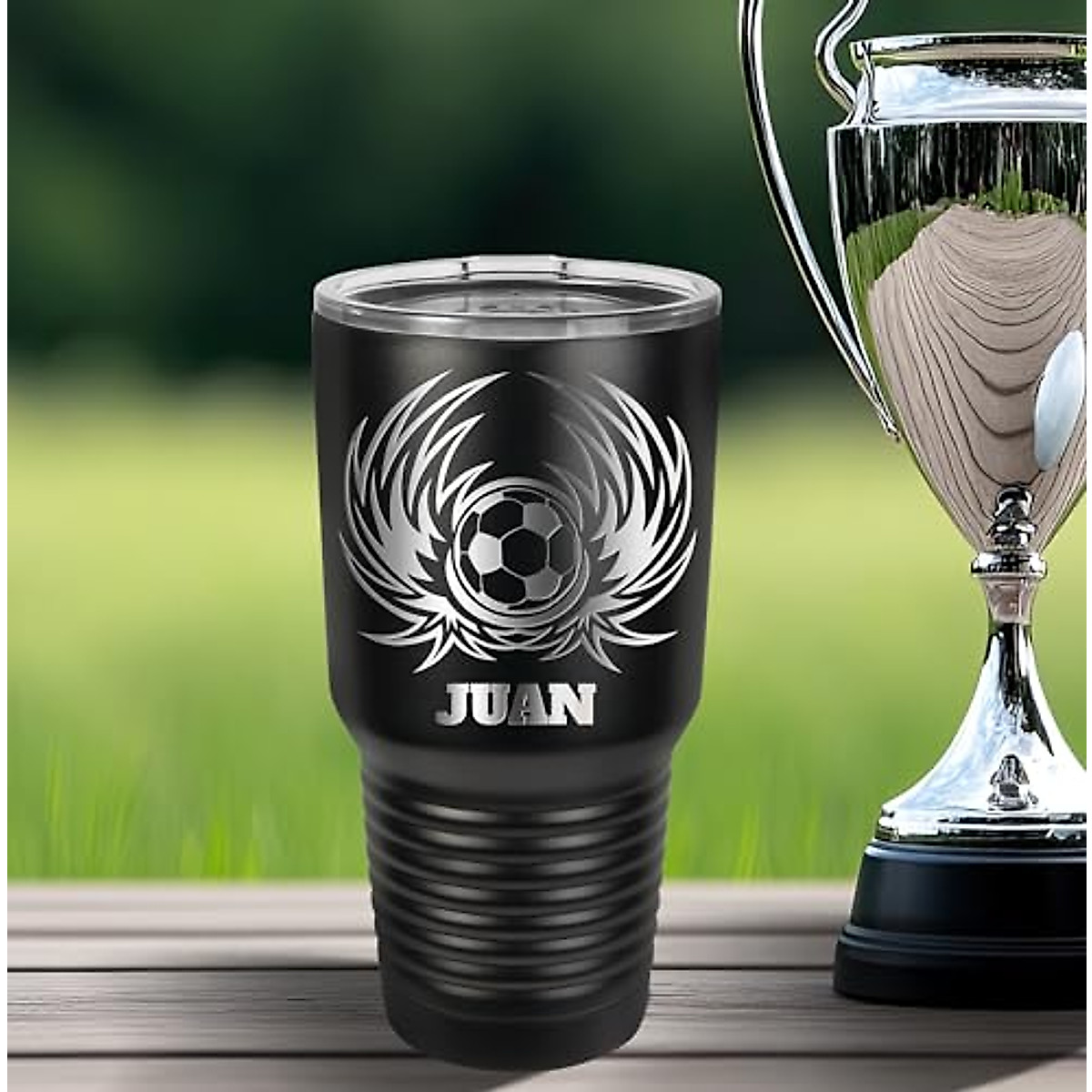 Polar Camel Customized Socce Tumbler 30 oz with Straw, Personalized Insulated Coffee Tumbler Engraved in USA - Soccer Coach Gift, Football Dad Gift (Black w/out ring)