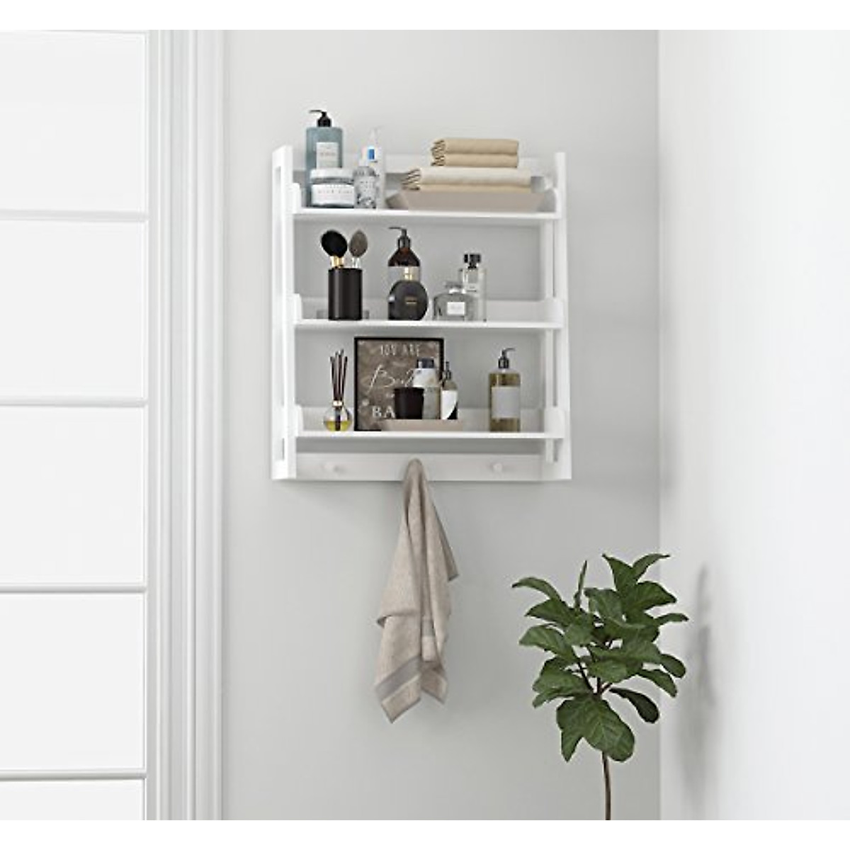 UTEX 3 Tier Bathroom Shelf Wall Mounted with Towel Hooks, Bathroom Organizer Shelf Over The Toilet (White)