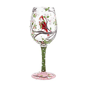 Enesco Designs by Lolita Cardinal Bird with Cherry Blossoms Beauty Artisan Hand-Painted Wine Glass, 1 Count (Pack of 1), Multicolor