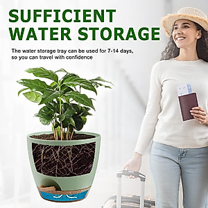 QRRICA Plant Pots 10/9/8/7.5/7 Inch Self Watering Pots, Set of 5 Plastic Planters with Drainage Holes and Saucers,Plastic Flower Pots,Nursery Planting Pot for Indoor Out Door Plants（Green）