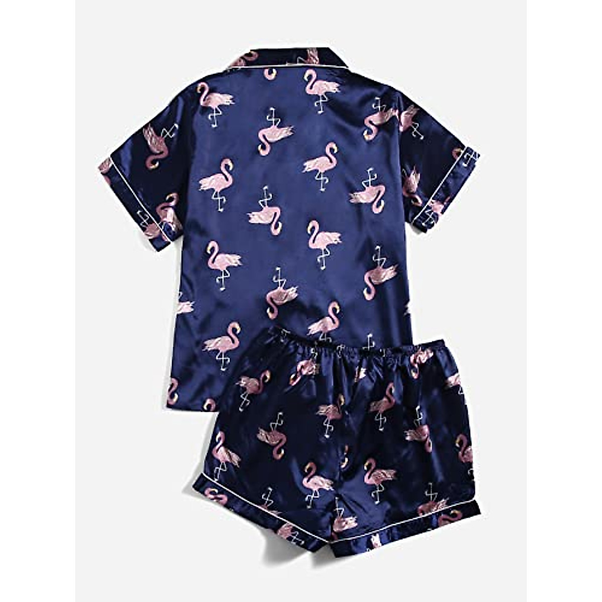 WDIRARA Women's Plus Size Satin Pajama Set Short Sleeve Button Down Pajamas Shirt and Short Sleepwear Navy Blue 4XL