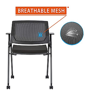 CLATINA Mesh Guest Reception Stack Chairs with Caster Wheels and Arms for Office School Church Conference Waiting Room Black