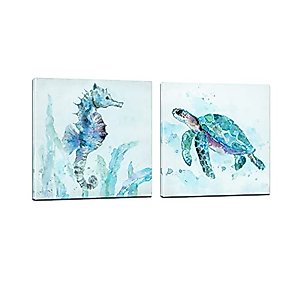 Zessonic Sea Turtle Wall Decor for Bathroom - Teal Sea Turtle And Seahorse Coastal Artwork with Texture Wall Art for Kids Room, Nursery Room, 12"x12"x2