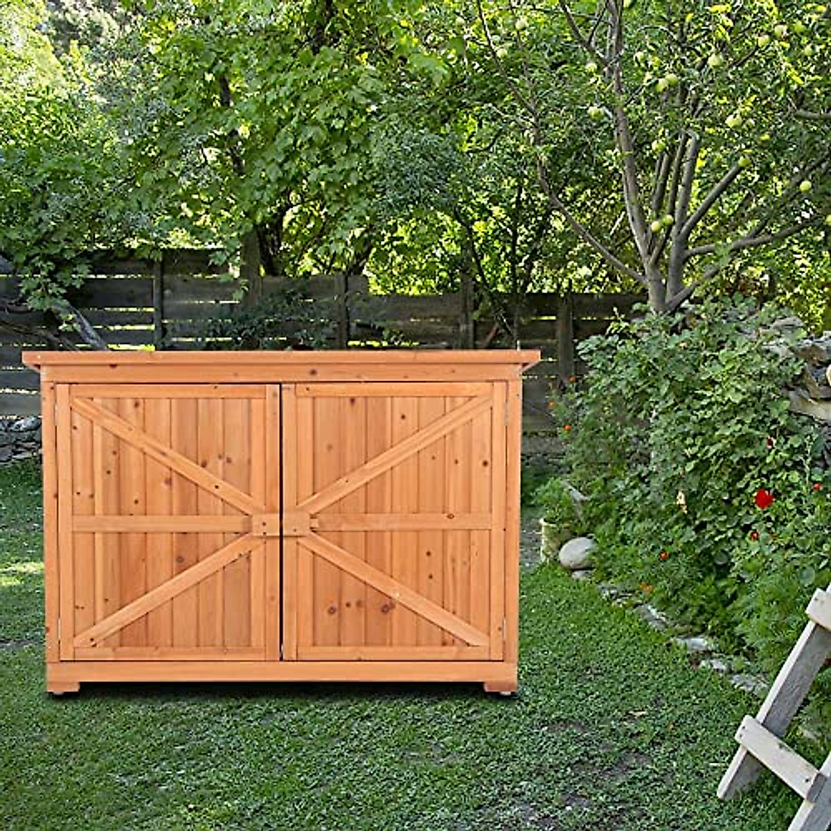 FRITHJILL 34.6 Inch Tall Outdoor Fir Wooden Storage Shed, Tool Organizer Cabinet with Double Doors