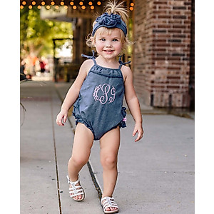 RuffleButts® Baby/Toddler Girls Faux Denim Pom Pom Bubble Romper - 3-6m