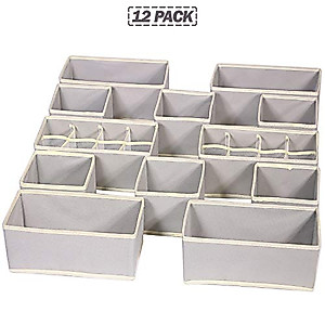 Set of 12 Foldable Drawer Organizer Dividers Cloth Storage Box Closet Dresser Organizer Cube Fabric Containers Basket Bins for Underwear Bras Socks Panties Lingeries Nursery Baby Clothes Grey NN246