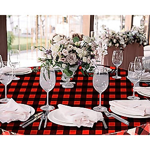 Remagr Christmas Disposable Checkered Tablecloth Round Plastic Buffalo Plaid Table Cloth 84 Inch Waterproof Gingham Cover for Picnic Camping Party Carnival BBQ (Red and Black, 6 Pieces)