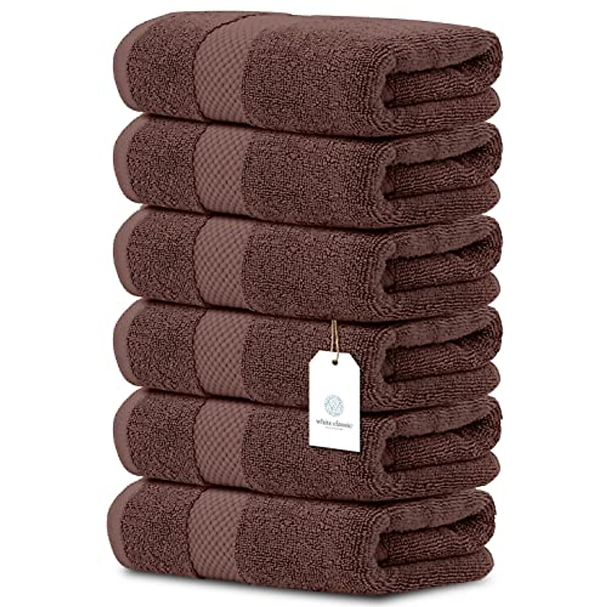 White Classic Luxury Hand Towels | 6 Pack and Product Image Luxury Bath Mat Floor | 2 Pack Bundle (Brown)