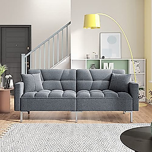 Merax Linen Upholstered Modern Convertible Folding Futon Sofa Bed with 2 Pillows and Metal Frame, for Compact Living Space, Apartment, Dorm, Dark Gray