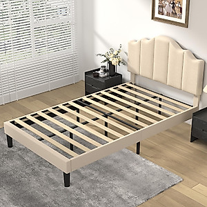 VECELO Twin Size Upholstered Platform Bed Frame with Adjustable Headboard, Wood Slat Support and Noise-Free, No Box Spring Needed, Easy Assembly, Pale Beige