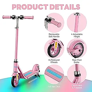 Kids Electric Scooter Ages 6-12 Gobazaar, Colorful LED Lights, Up to 8-10 MPH & 7.5 Miles,150W Electric Scooter for Kids with 3-Speed Adjustment,4-Height (Pink)