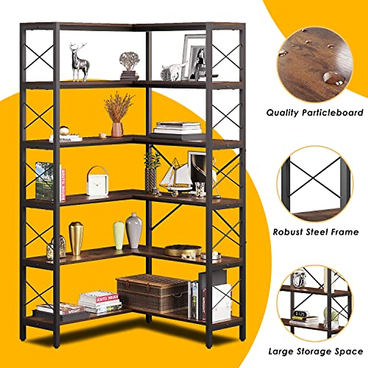 Wildhome 6-Shelf Corner Bookshelf, Vintage Industrial Corner Bookshelf Etagere Bookcase, Large Book Shelf with Metal Frame Open Storage Corner Cabinet for Living Room Home Office（Retro Brown）